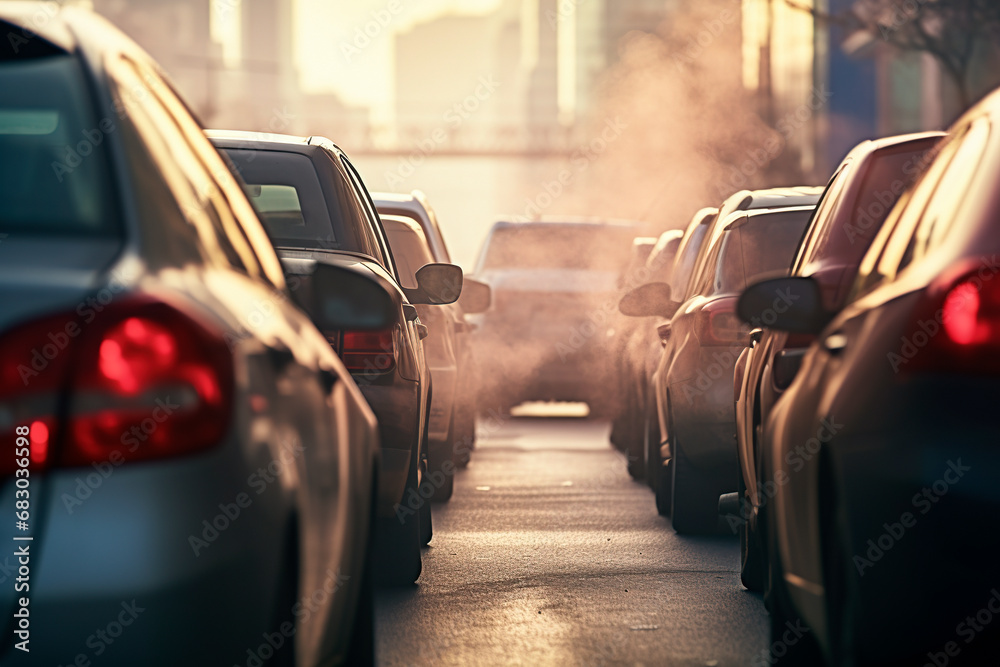car stuck in traffic with visible exhaust fumes, air pollution Stock ...