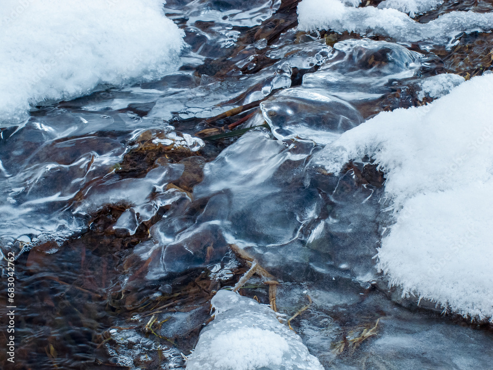 stream flowing among ice and snow, fast flow of water, river that does ...