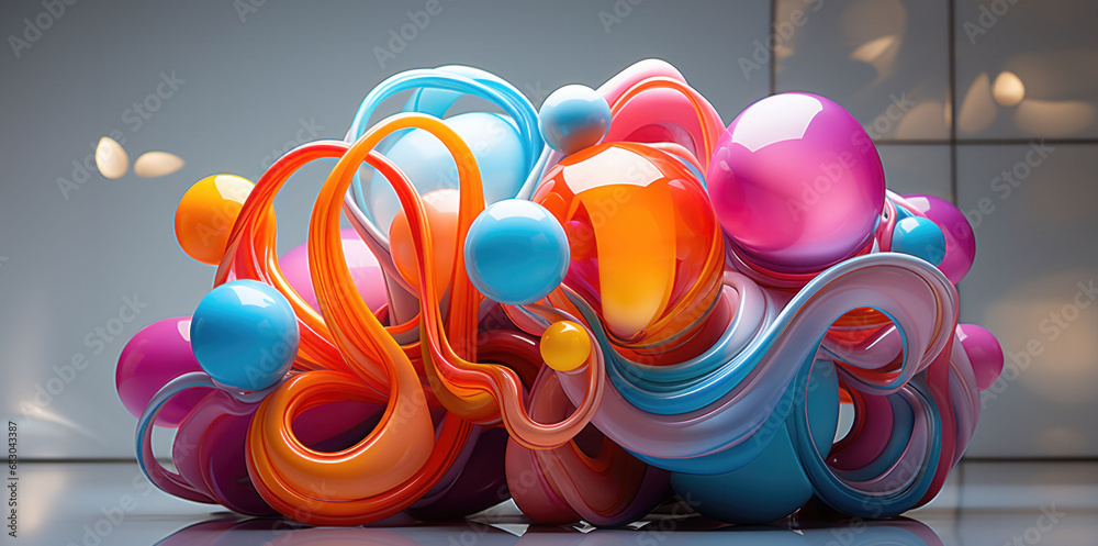 An abstract sculpture with swirls of bright colors creates a visual ...