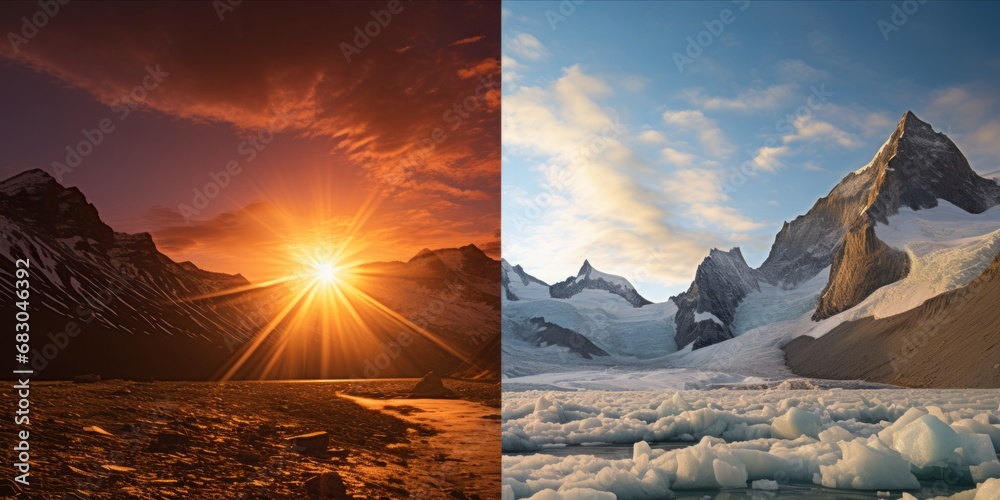 A split-screen image portrays the stark difference between hot and cold ...