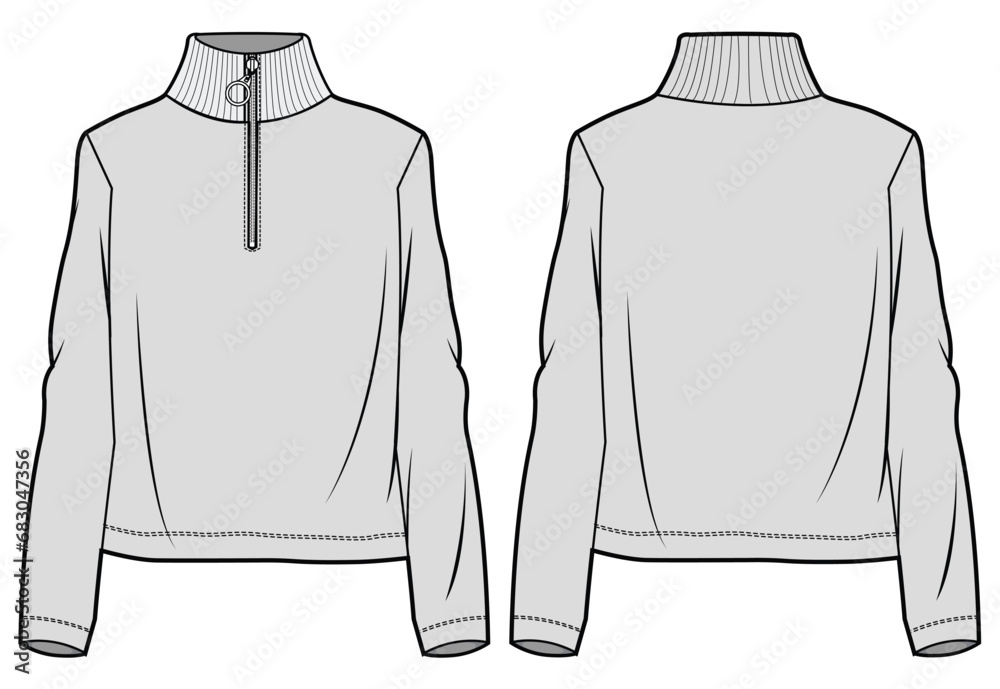 Long Sleeve High Neck Half Zip Down Jacket Front and Back View. Fashion ...