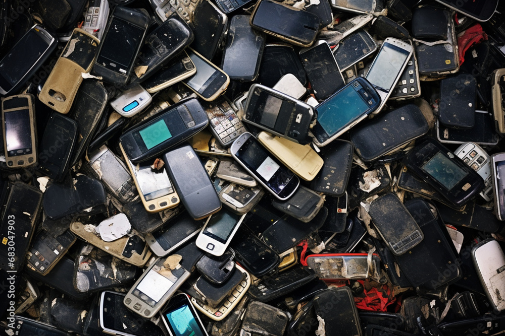 Pile of old mobile phones on the ground in a garbage dump, Generative ...