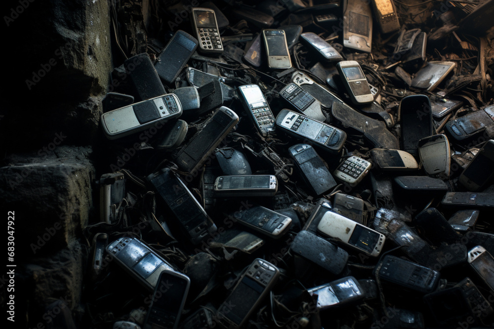 Pile of old mobile phones on the ground in a garbage dump, Generative ...