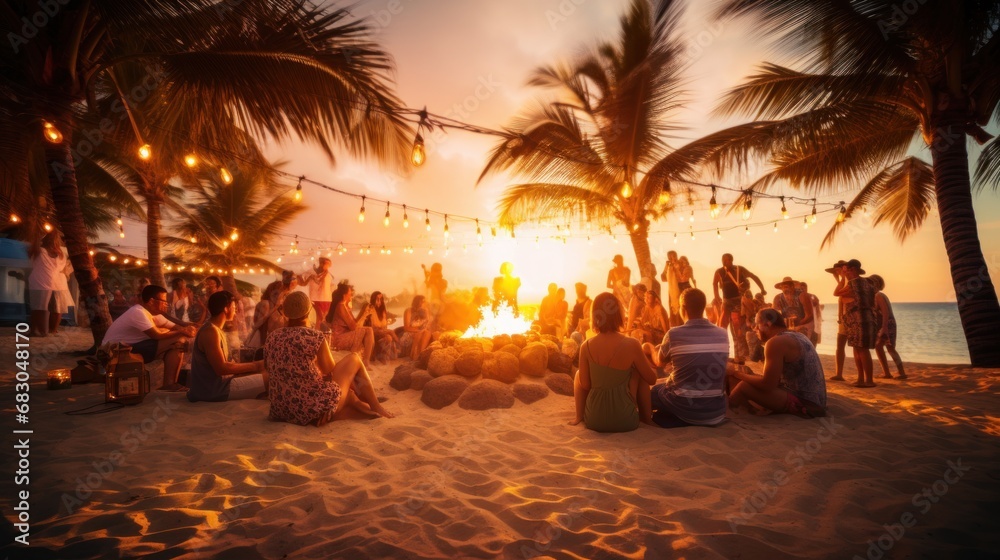 a beach party with palm trees and light bulb garlands framing the scene ...