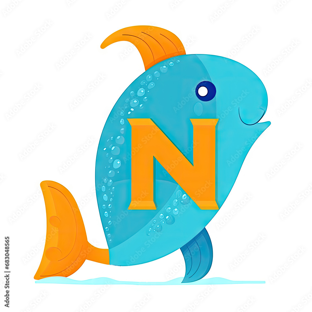 Kids alphabet with narval. Cute blue cartoon fish near yellow letter N ...