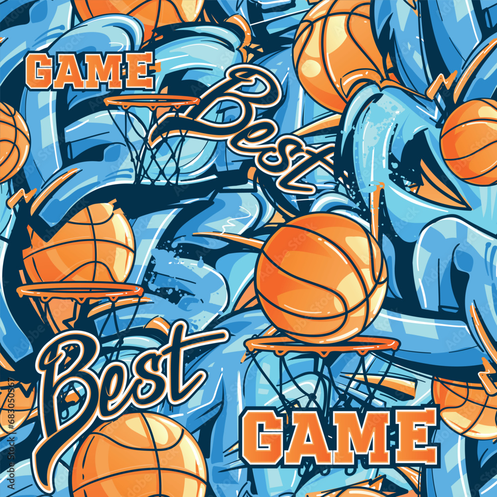 Basketball seamless pattern with ball, street art style graffiti ...