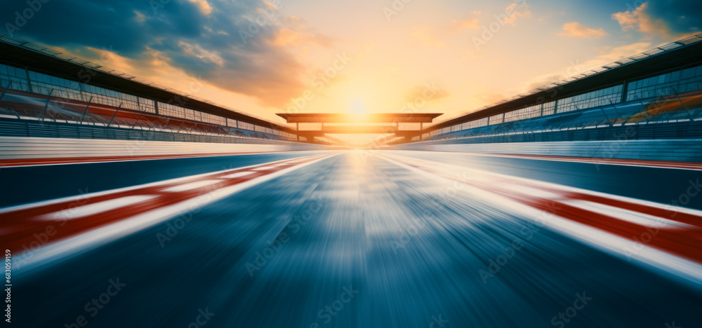 F1 race track circuit road with motion blur and grandstand stadium for ...