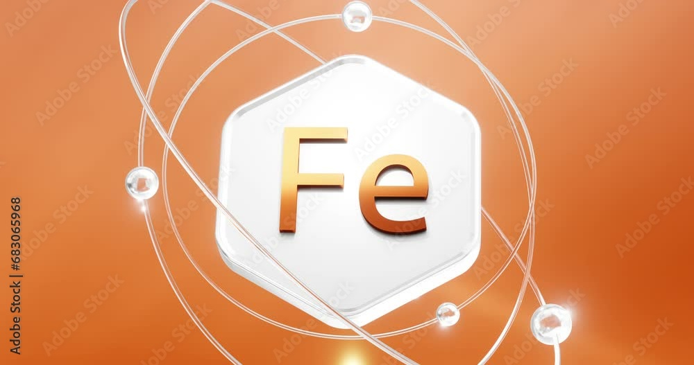 iron symbol - fe located on a hexagon with atoms and orbits rotating ...