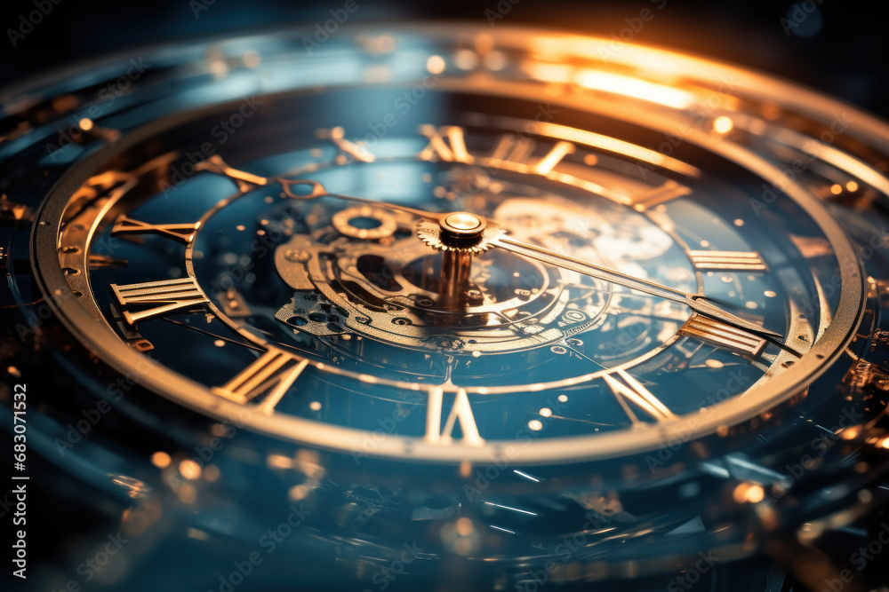 A clock face created from layers of overlapping transparent sheets ...