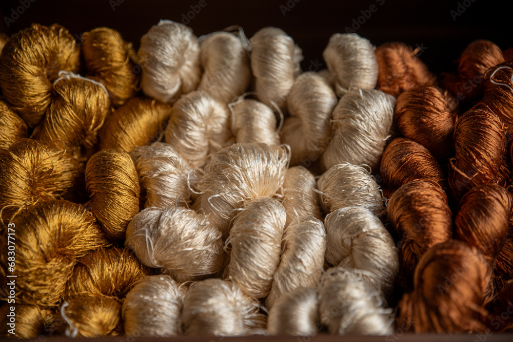 Colorful silk threads for weaving in a textile factory , Cotton color ...