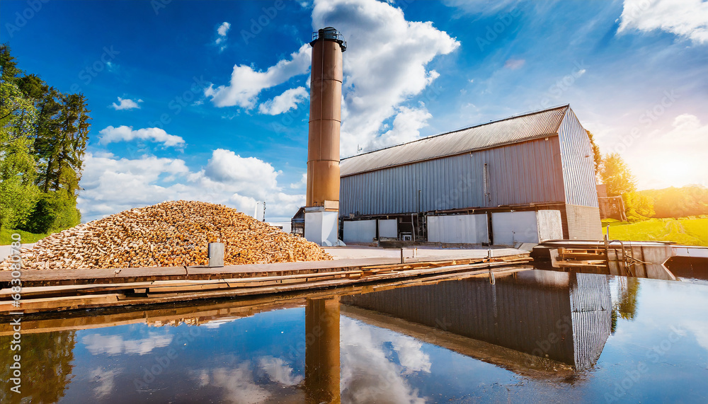 bio power plant with storage of wooden fuel against blue sky ...
