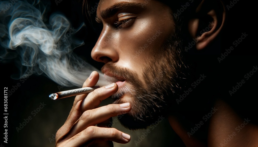 Man inhaling cannabis smoke - smoking a marijuana weed joint Stock ...