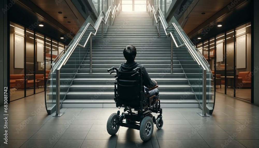 Wheelchair user facing staircase - highlighting architectural barriers ...