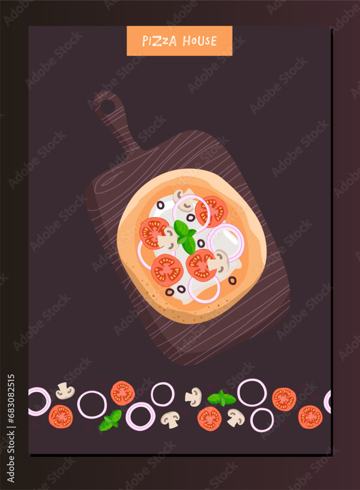 Pizza menu template with Pizza on wooden board and ingredients of ...