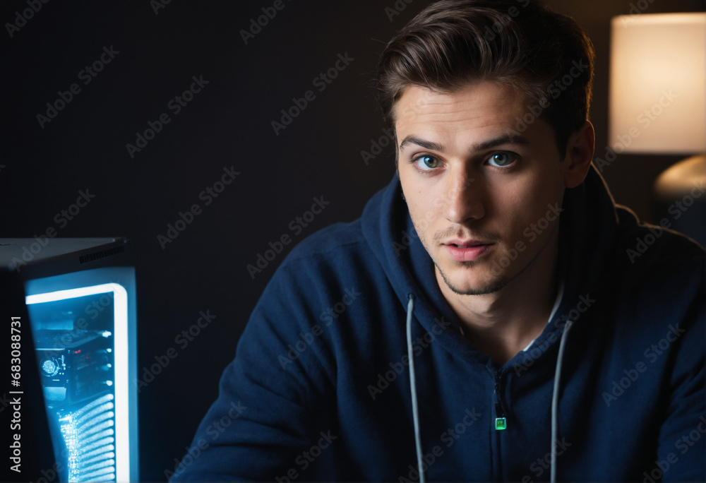 Computer Freak sitting, a gamer pc on the left side Stock Photo | Adobe ...