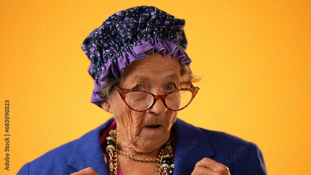 Closeup portrait of toothless elderly senior old woman with wrinkled ...