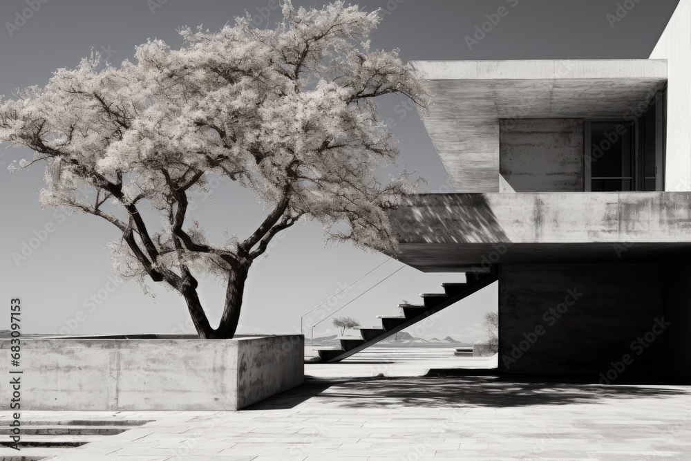 Black and white image of whimsical tree with lush foliage outside an ...