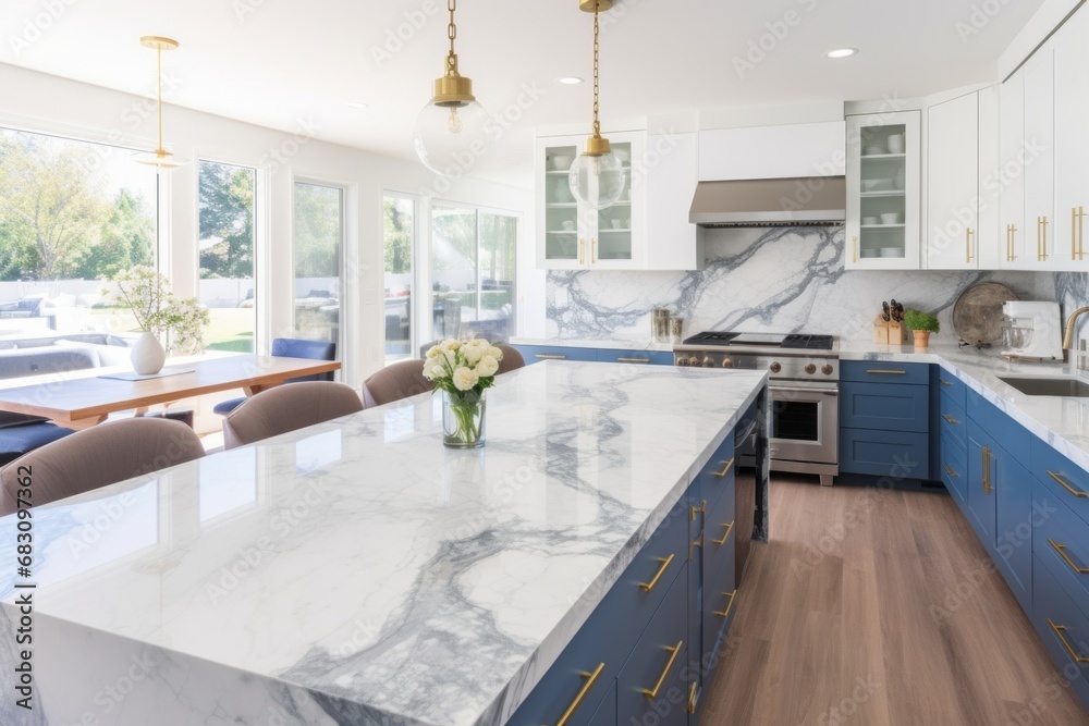 Interior of modern luxurious kitchen classic style. White and blue ...