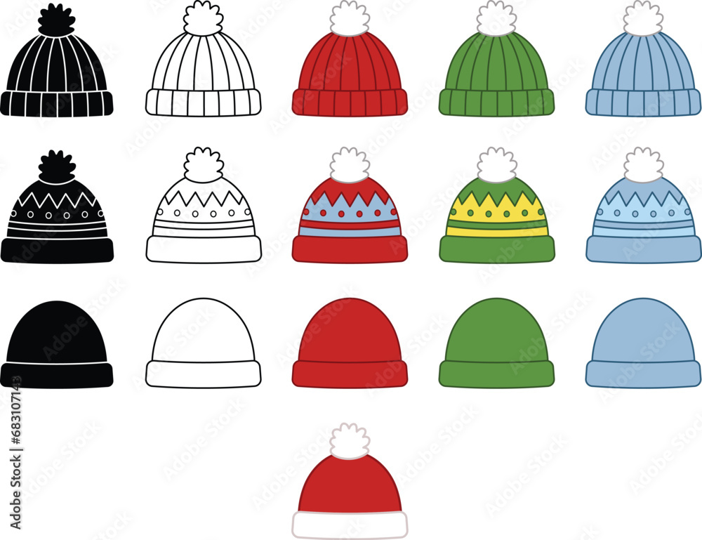 Winter Hats / Toques Clipart Set - Outline, Silhouette & Color Stock ...