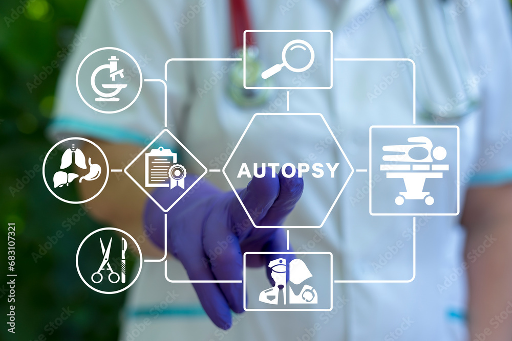 Pathologist using virtual touch screen presses word: AUTOPSY. Autopsy ...