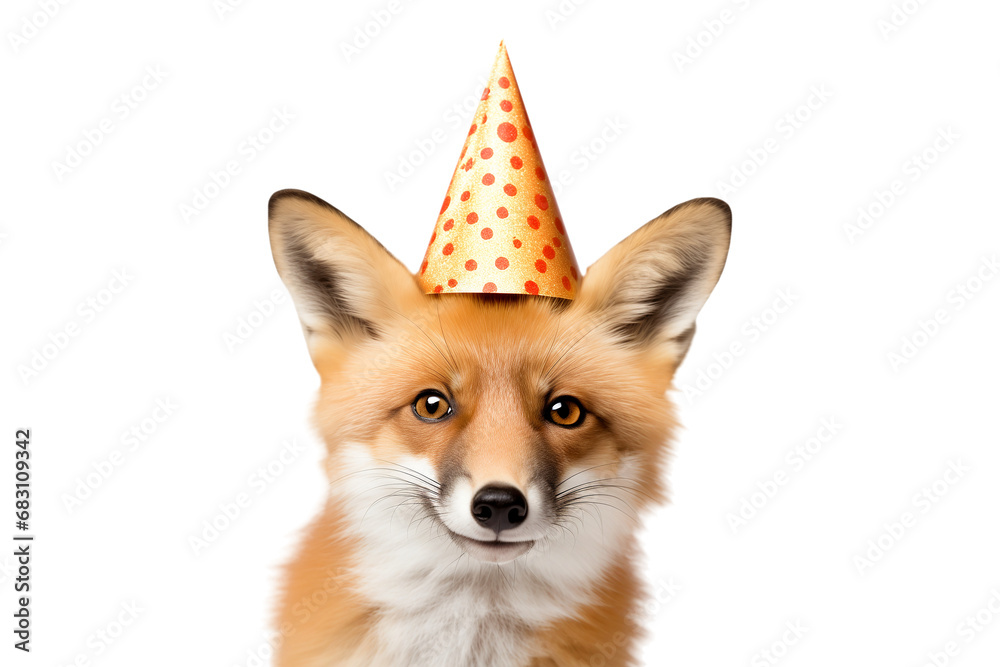 Funny red fox in birthday polka dot cap isolated on transparent ...