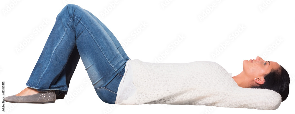 Digital png photo of happy caucasian woman in white sweater lying on ...