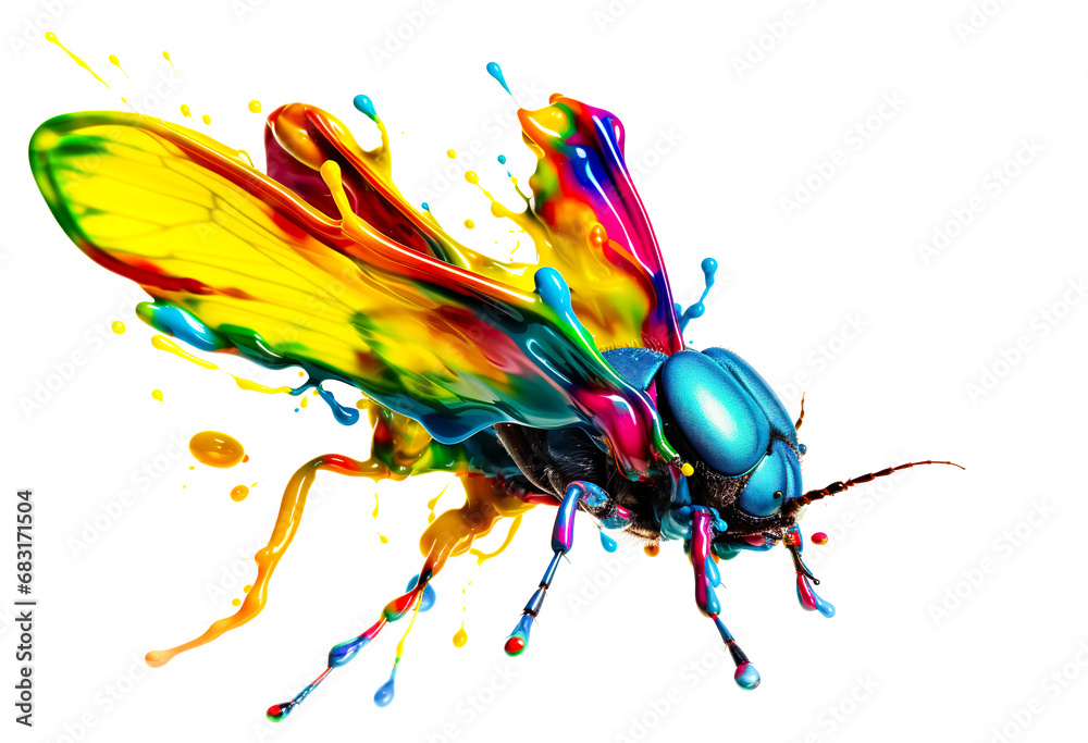 Fantasy digital art of insect flying with multicolored liquid splash in ...