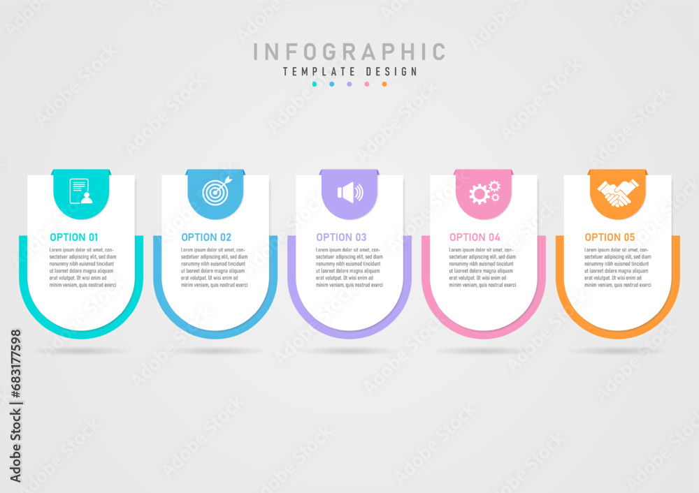 Simple infographic template 5 business options curved corner square ...