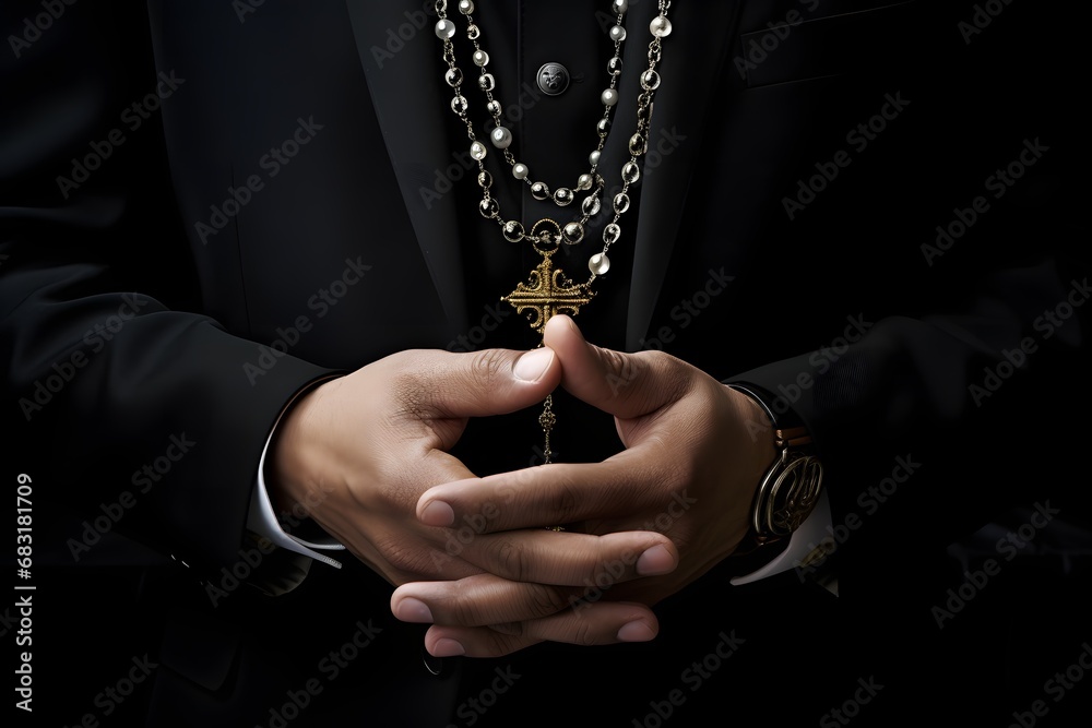 Devout man in black suit holding a rosary and cross in prayerful ...