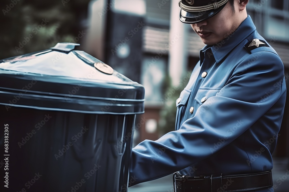 Uniformed Sanitation Worker Disposing of Waste in Garbage Bin on City ...