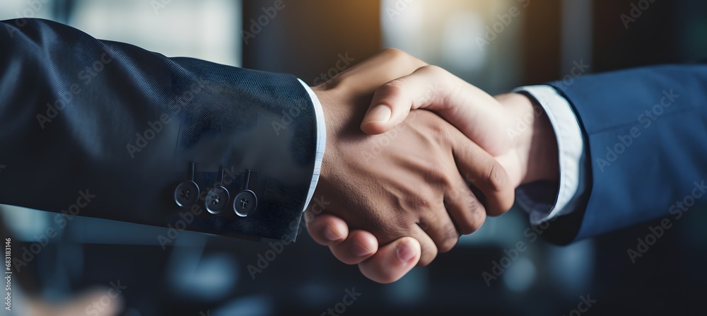 Businessmen sealing a deal with a handshake in a modern office setting ...