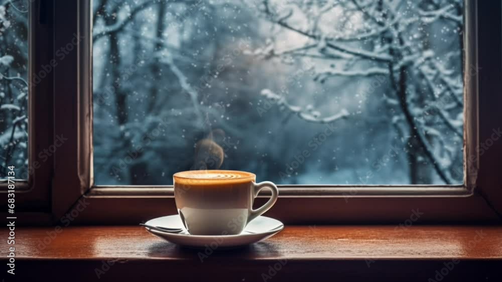 A warm cup of coffee in winter by the window with a view of snow ...