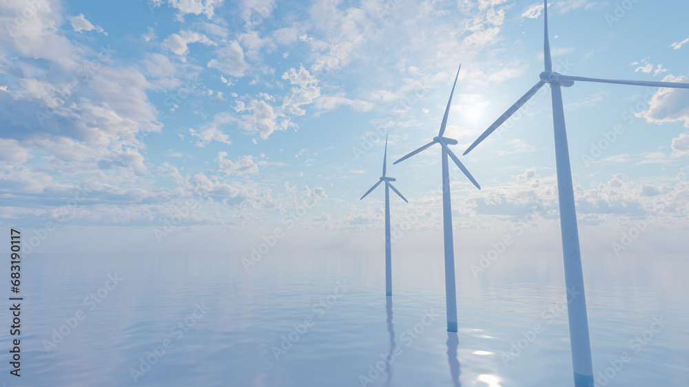 Offshore wind power and energy farm with many wind turbines on ocean ...