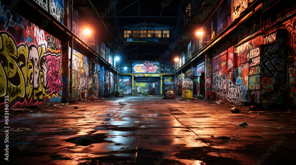 Street art along the walls of abandoned industrial center. Graffiti ...