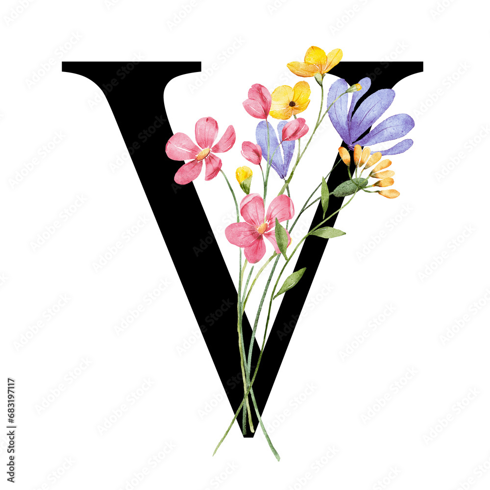 Letter V, floral alphabet, wedding monogram with watercolor flowers ...