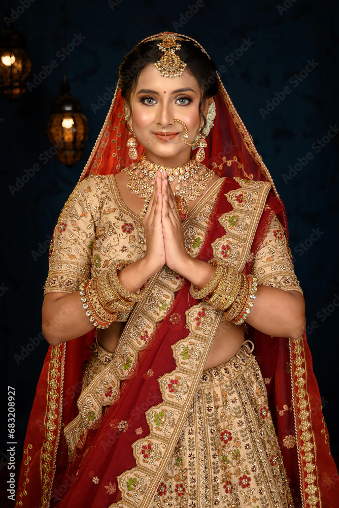 Stunning Indian bride dressed in traditional bridal lehenga with heavy ...