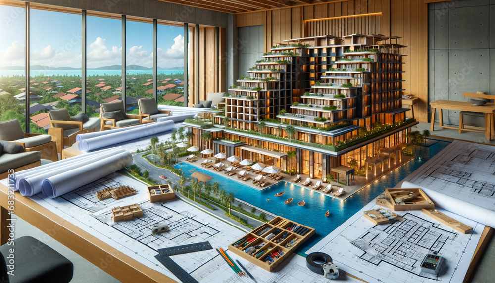 The plans of a resort hotel on a workbench during ongoing construction ...