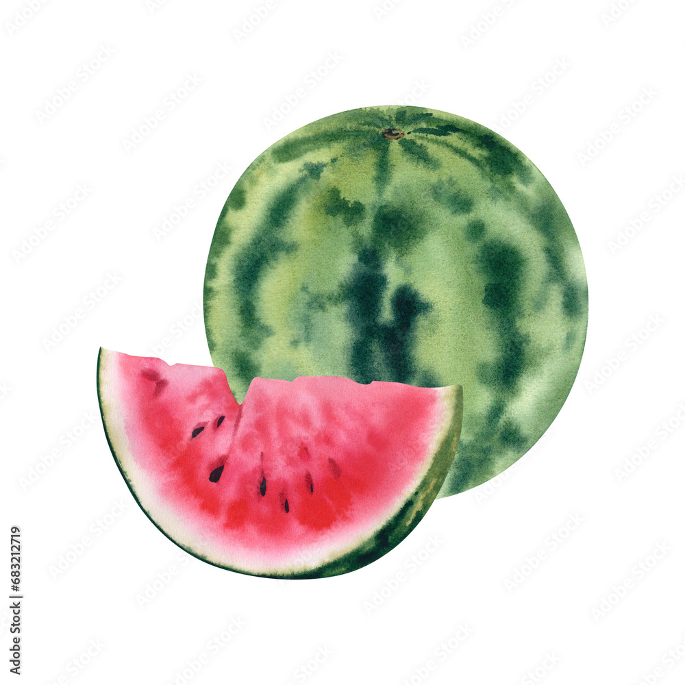 Watermelon. Watercolor illustration. Juicy tropical fruit cut into ...