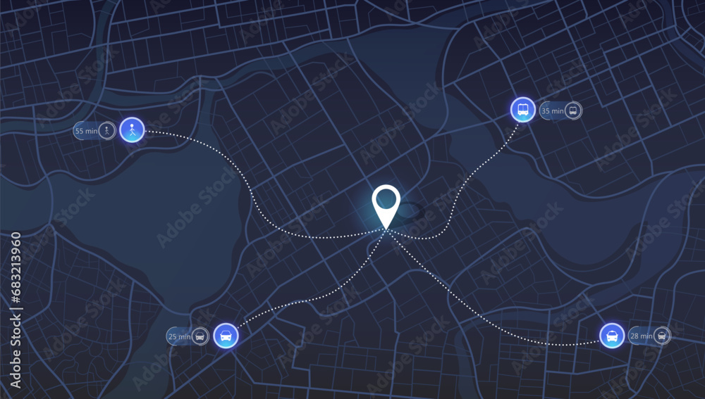 GPS navigator screen with street roads and location, destination points ...