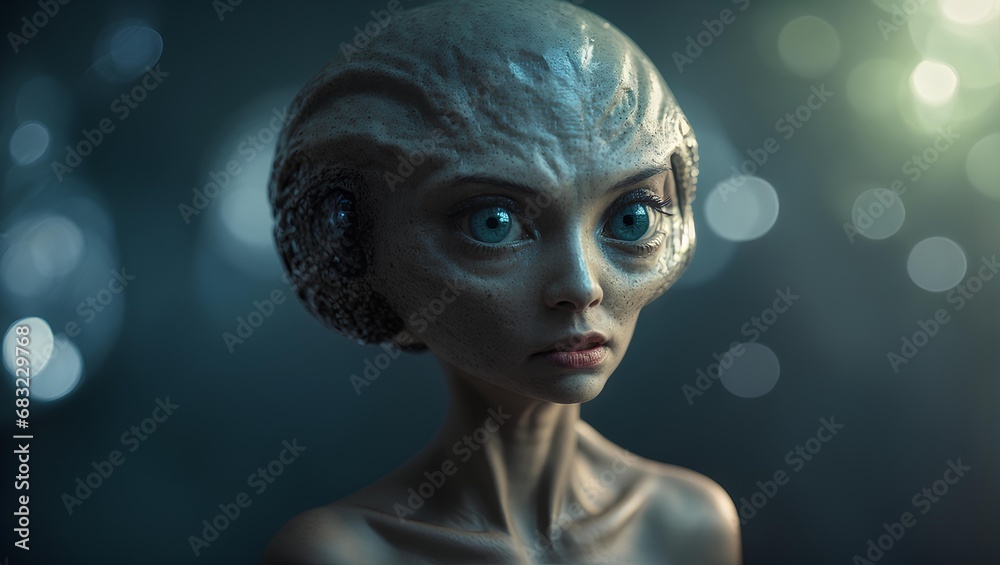 Alien with extremely detailed skin structure, (big eyes like a ball ...