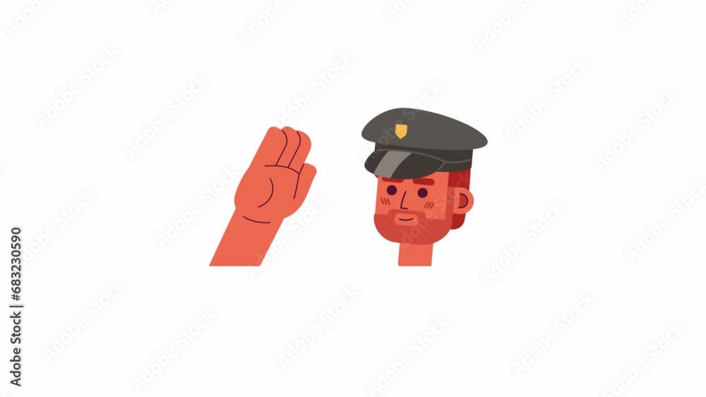 Caucasian policeman saluting 2D avatar animation. Authority police ...