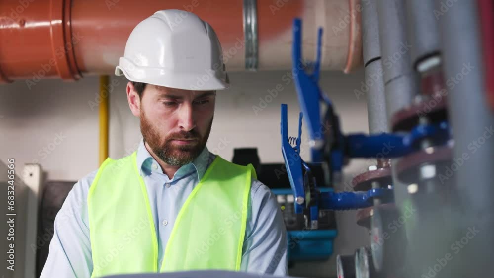 Engineer man or worker, plumber working in industry factory. Chiller ...