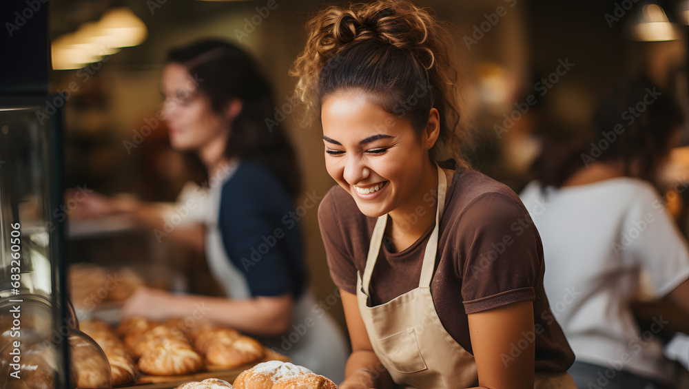 smiling female baker, offering exemplary customer service as she hands ...