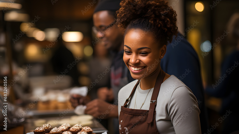 smiling female baker, offering exemplary customer service as she hands ...