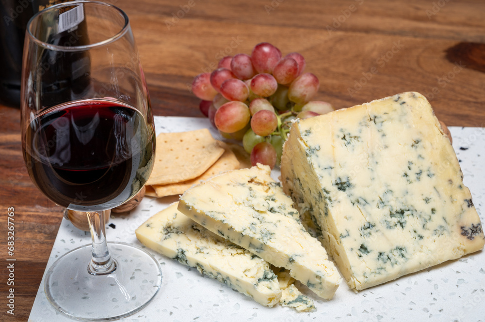 Red porto and cheese pairing, blue matured stilton English cheese ...