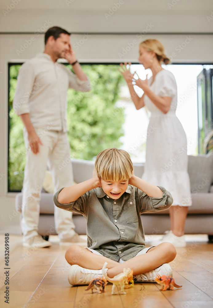 Divorce, fear and a boy with parents fighting in the living room of a ...
