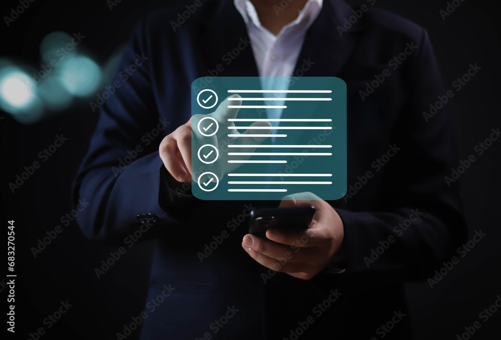 Businessman showing check mark summarizing job Compile lists, votes ...