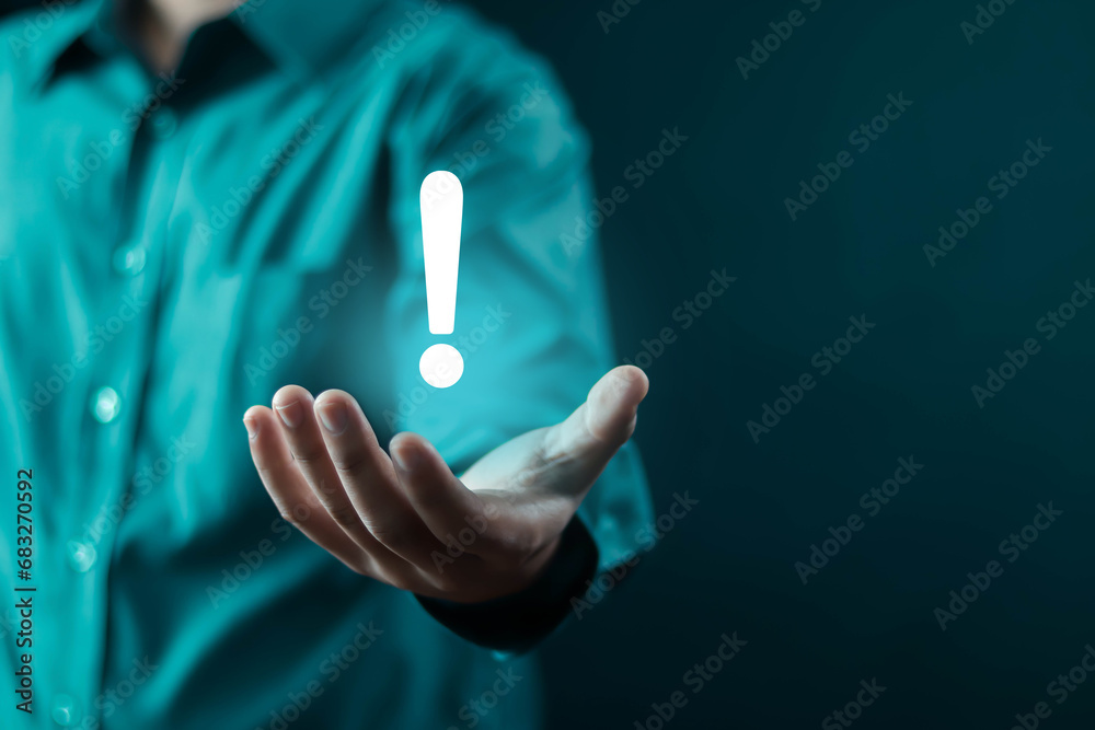 Hacked system notification cyber attack exclamation mark on network ...