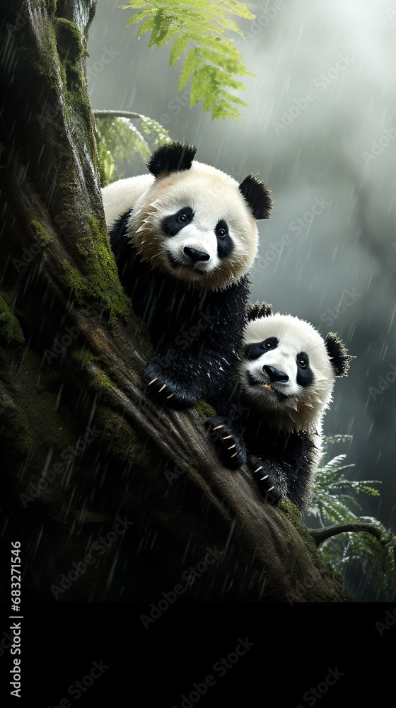 Panda bears in the wild of China, in the style of emotional body ...