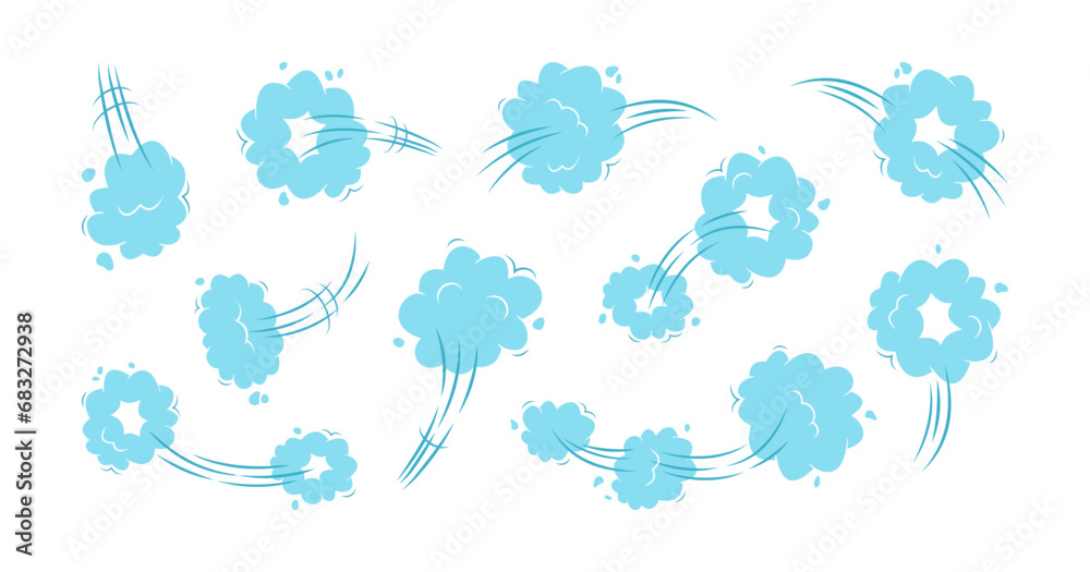 Cartoon cloud jump icon, speed smoke, motion effect, whoosh blue trail ...